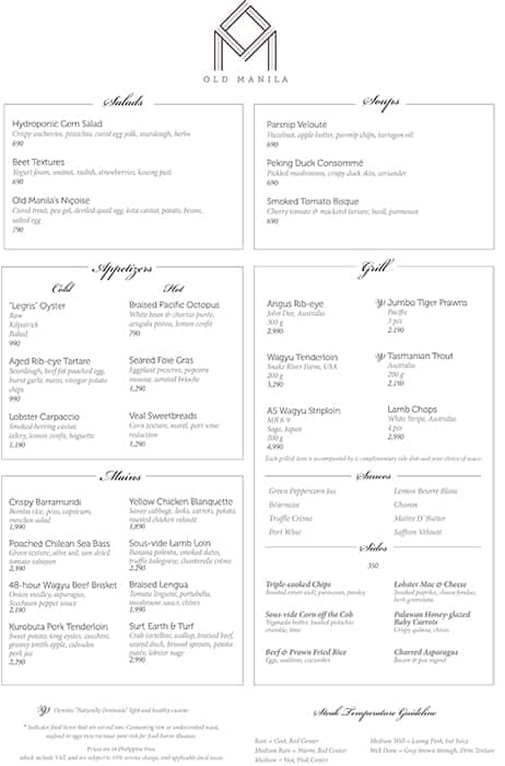 Menu at Old Manila at The Peninsula Manila steakhouse, Makati