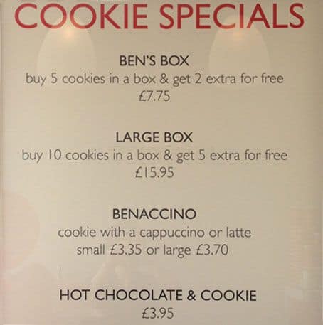 Menu at Ben's Cookies desserts, Edinburgh