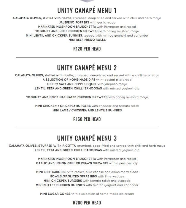 Menu at Unity Bar & Brasserie, Durban
