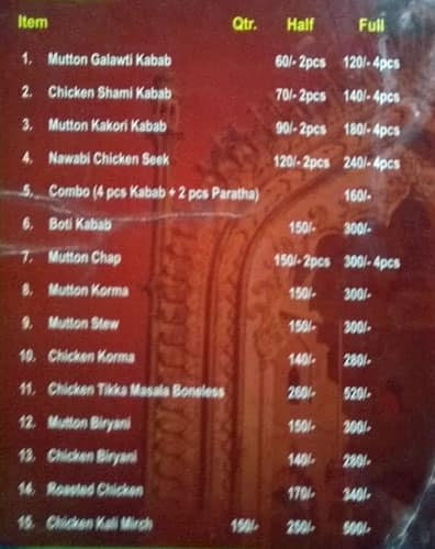 Menu at LUCKNOW WALE KABABI, Lucknow, VW3X+3FF