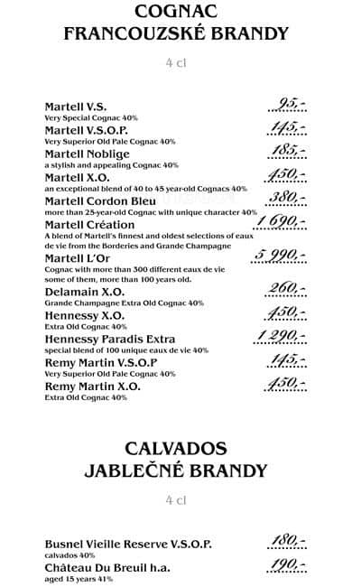 Menu at Hemingway Bar, Prague