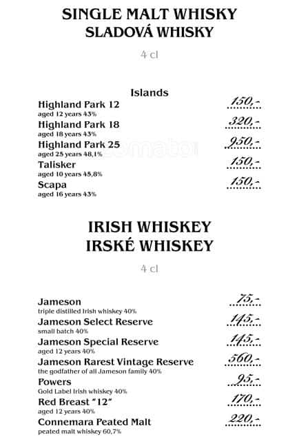 Menu at Hemingway Bar, Prague