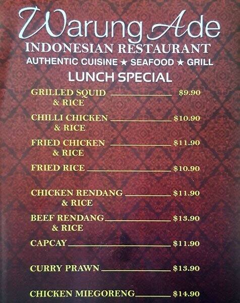 Menu at Warung Ade Indonesian Restaurant, Mandurah