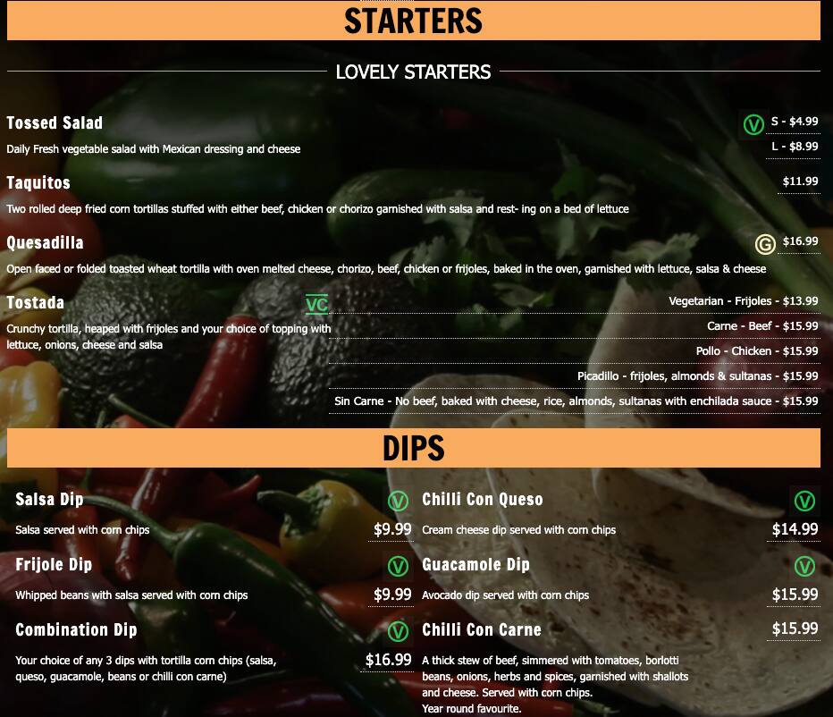 Menu at Montezuma's restaurant, Surfers Paradise