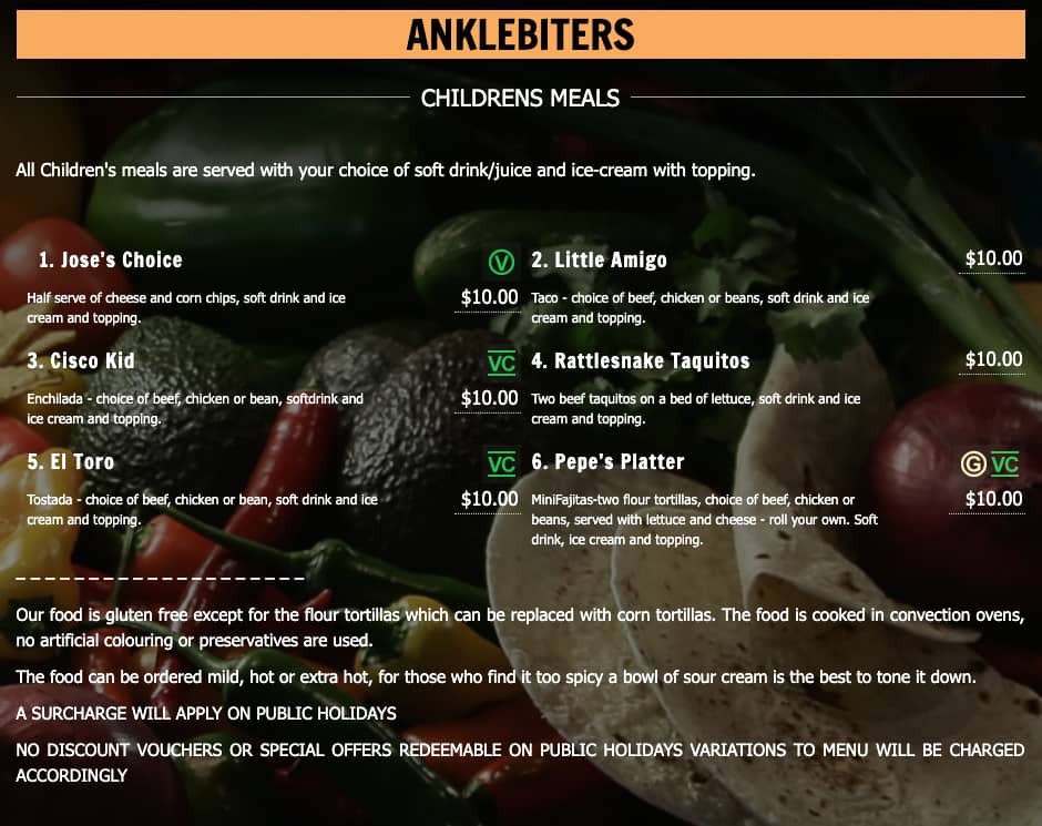 Menu at Montezuma's restaurant, Surfers Paradise