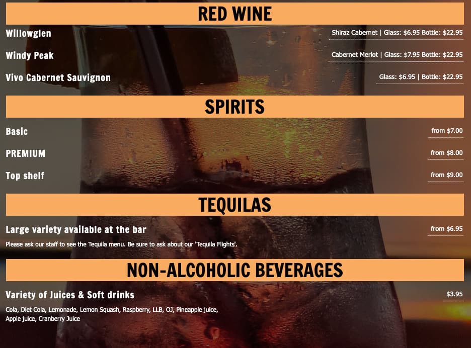 Menu at Montezuma's restaurant, Surfers Paradise