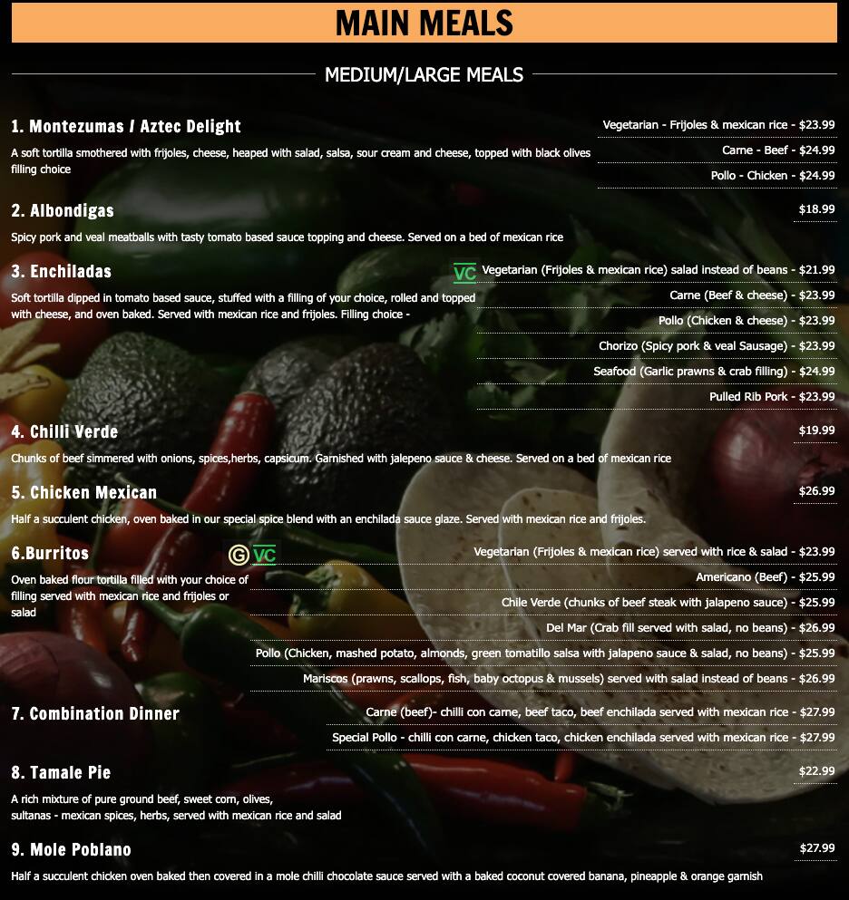 Menu at Montezuma's restaurant, Surfers Paradise