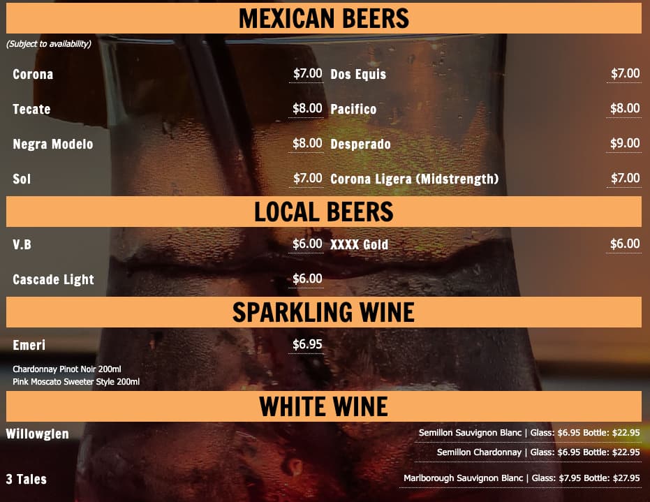 Menu at Montezuma's restaurant, Surfers Paradise