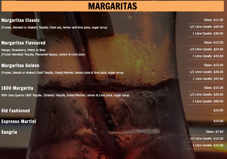 Menu at Montezuma's restaurant, Surfers Paradise