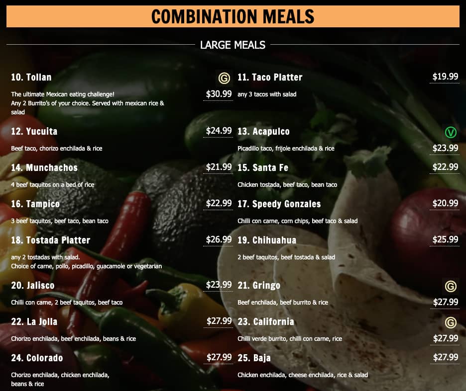 Menu at Montezuma's restaurant, Surfers Paradise