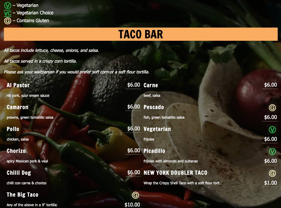 Menu at Montezuma's restaurant, Surfers Paradise
