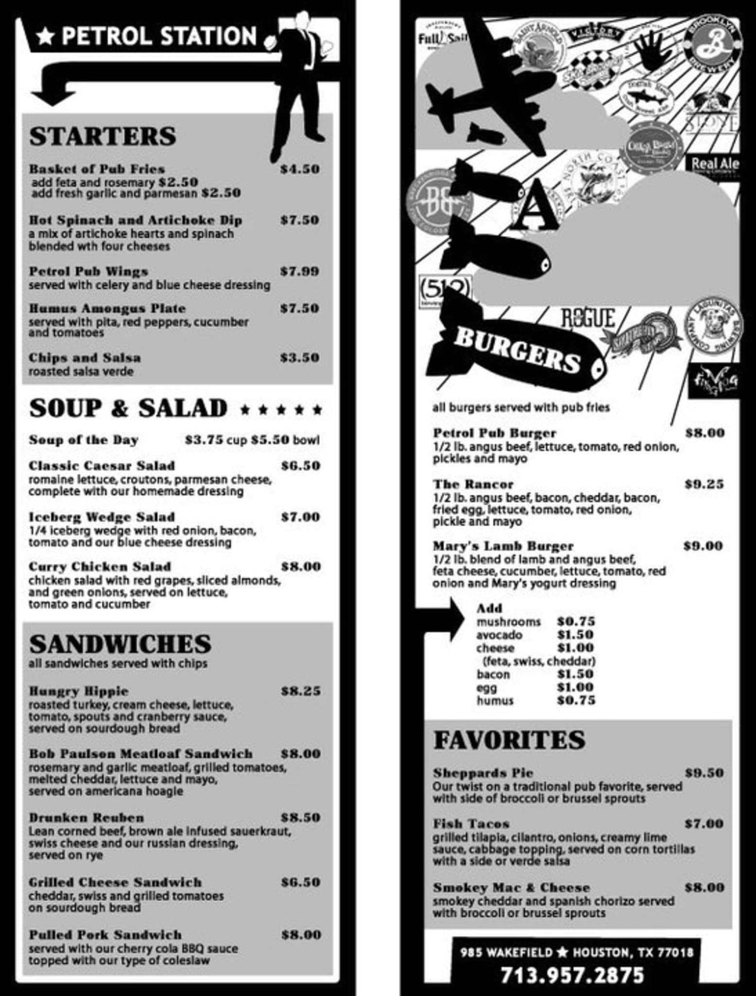 Menu at Petrol Station pub & bar, Houston