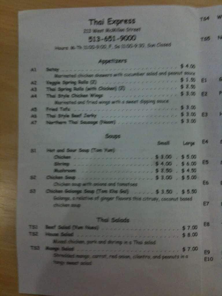 Menu at Thai Express restaurant, Cincinnati