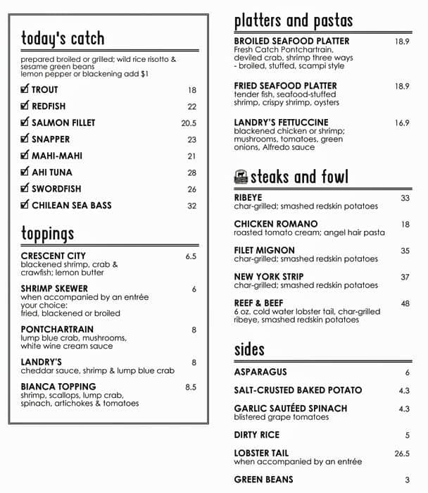 Menu at Landry's Seafood House steakhouse, San Antonio
