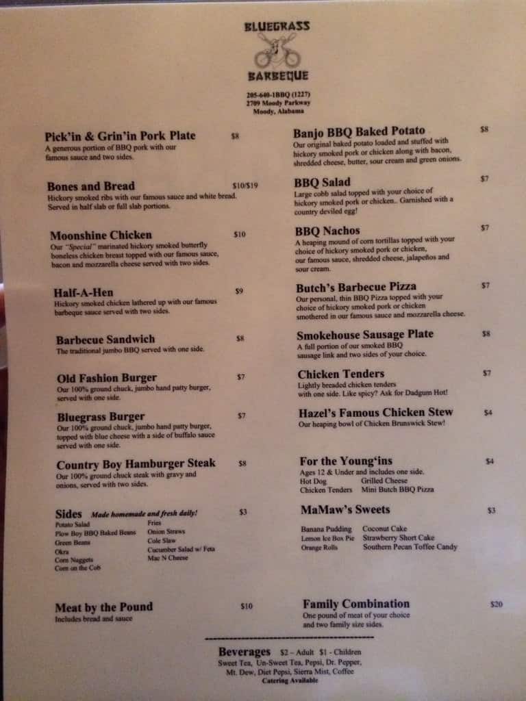 Menu at Bluegrass Barbeque, Moody