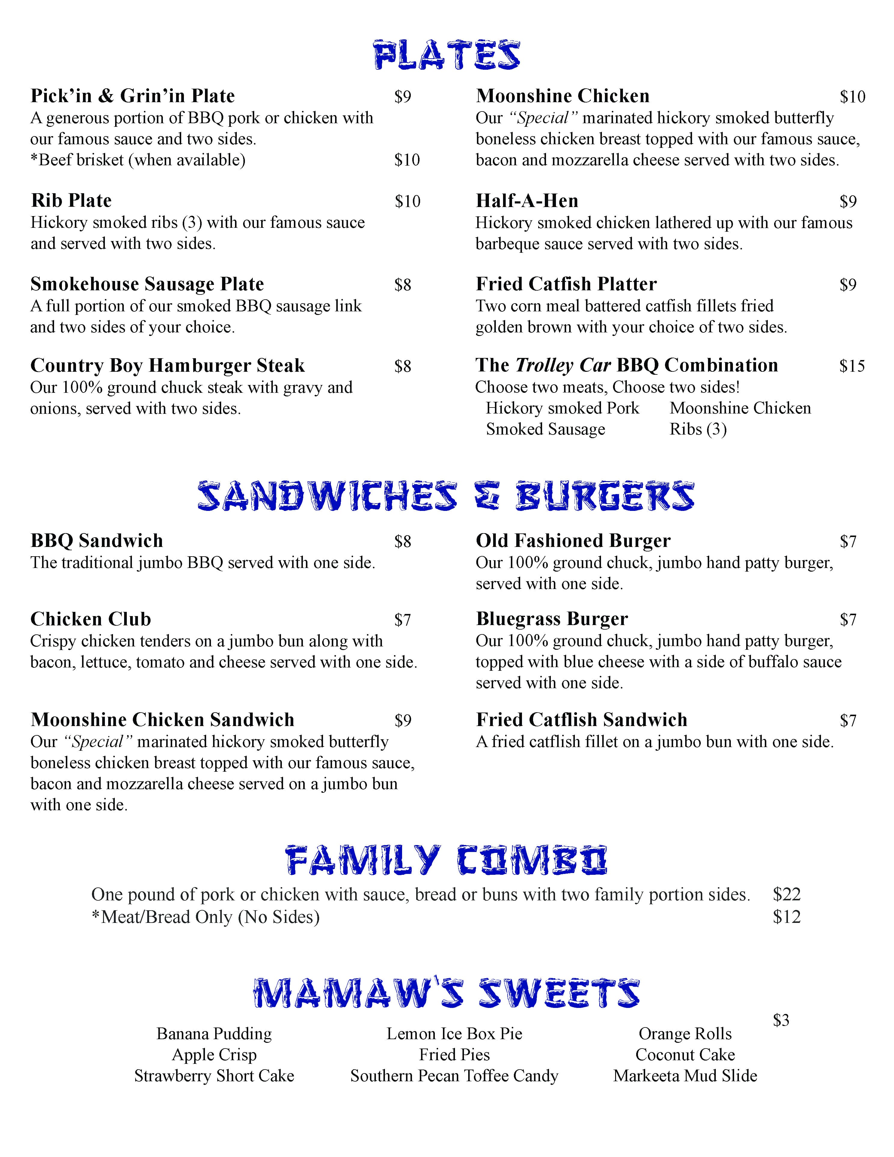 Menu at Bluegrass Barbeque, Moody