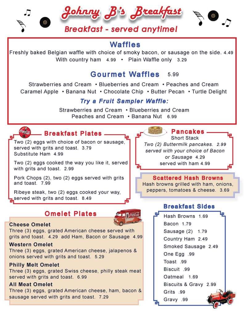 Menu at Johnny B's restaurant, El Dorado