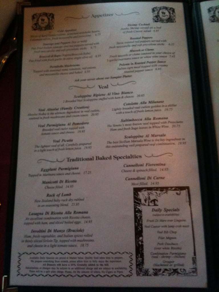 Menu at Villa Romana Italian Restaurant, Myrtle Beach, 707 S Kings Hwy