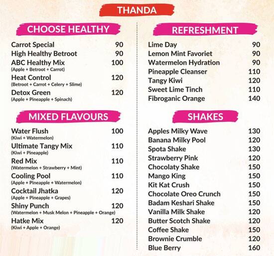 Menu of Thanda Ya Meetha, Sakinaka, Mumbai