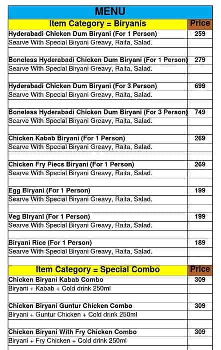 Menu of Biryani & Currys, Whitefield, Bangalore