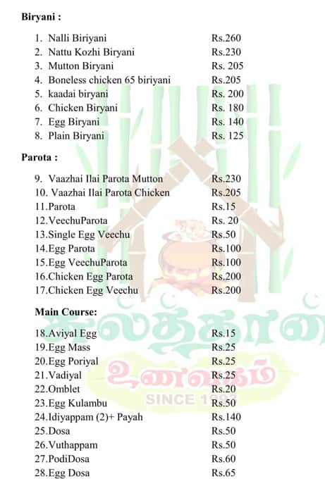 Menu of Periyar Sulthan Unavagam, Pasumalai, Madurai