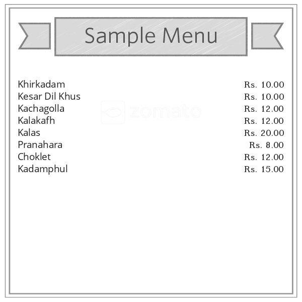 Menu of Mithi, Sinthi, Kolkata