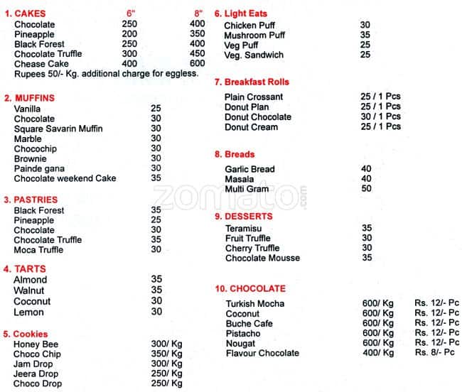 Menu at The Home Baker, New Delhi