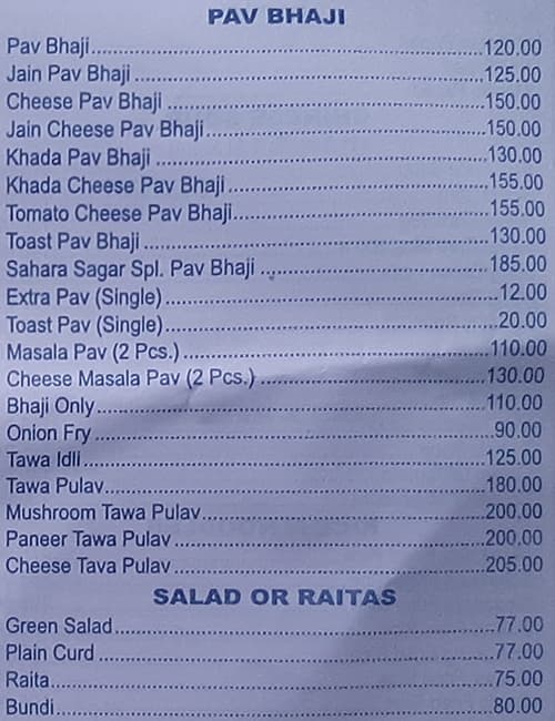 Menu of Sahara Sagar, Borivali West, Mumbai