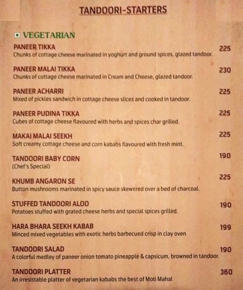 Menu at Moti Mahal Delux, Varanasi
