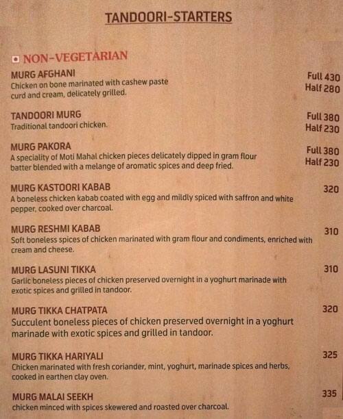 Menu at Moti Mahal Delux, Varanasi