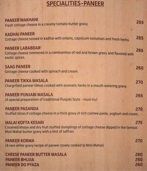Menu at Moti Mahal Delux, Varanasi