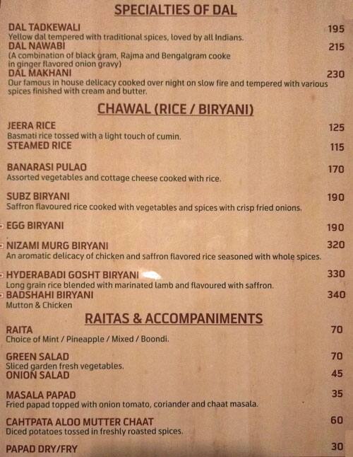 Menu at Moti Mahal Delux, Varanasi