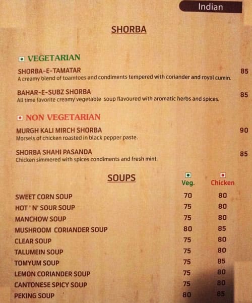 Menu at Moti Mahal Delux, Varanasi
