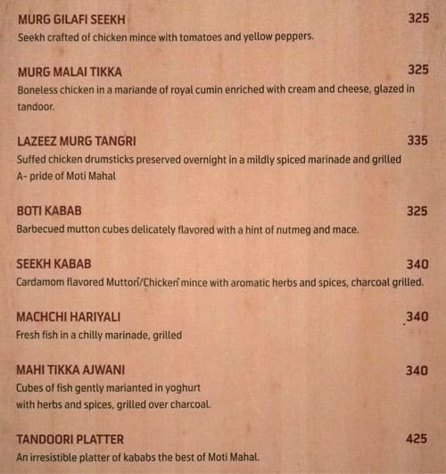 Menu at Moti Mahal Delux, Varanasi
