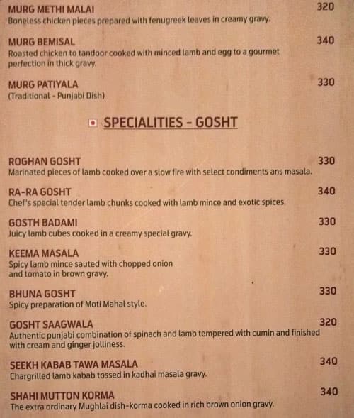 Menu at Moti Mahal Delux, Varanasi