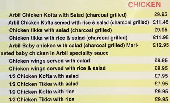 Menu at Erbil Restaurant, London