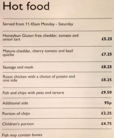 Menu at Place To Eat cafe, London, John Lewis Upper Level
