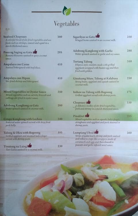 Menu at RSM Lutong Bahay restaurant, Tagaytay, Aguinaldo Highway