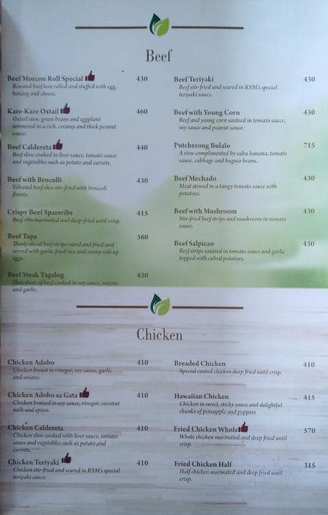 Menu at RSM Lutong Bahay restaurant, Tagaytay, Aguinaldo Highway