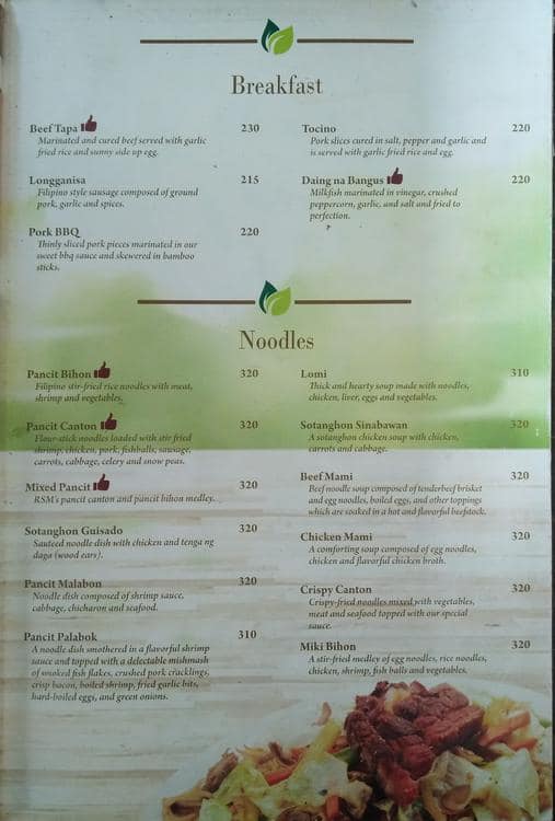 Menu at RSM Lutong Bahay restaurant, Tagaytay, Aguinaldo Highway