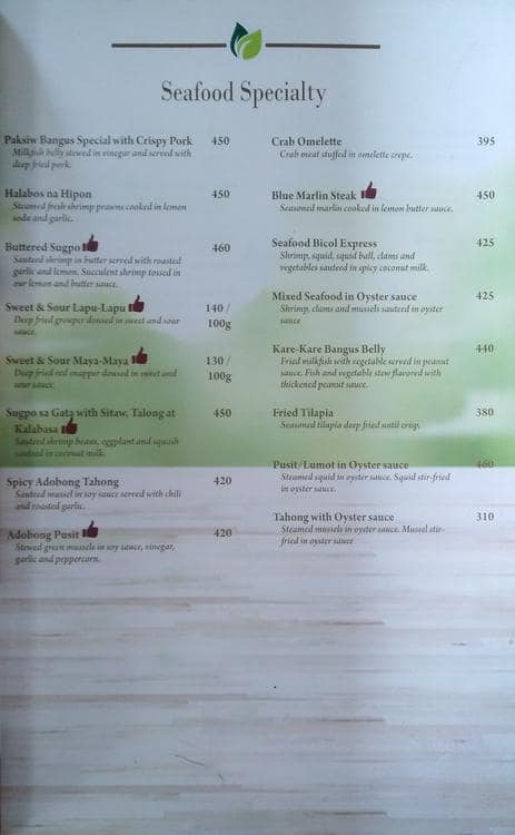 Menu at RSM Lutong Bahay restaurant, Tagaytay, Aguinaldo Highway