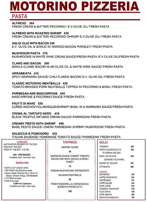 Menu at Motorino Pizza - Greenbelt pizzeria, Makati
