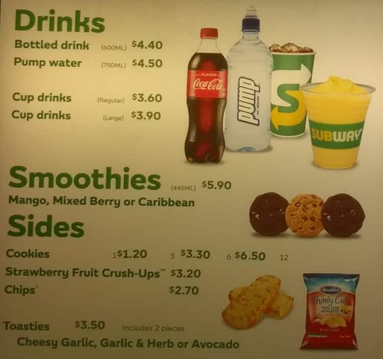 Menu at Subway fast food, Auckland, 915 Dominion Rd