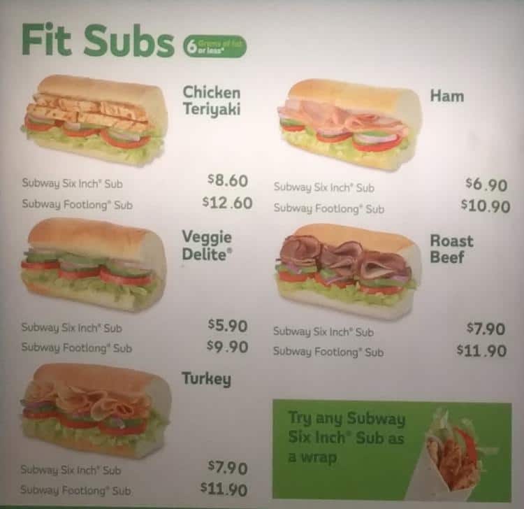 Menu at Subway fast food, Auckland, 915 Dominion Rd