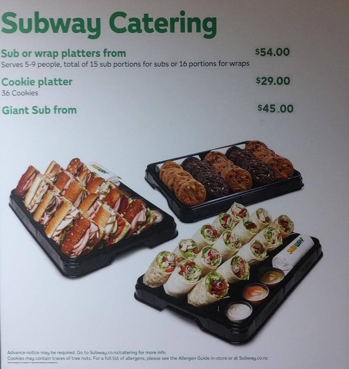 Menu at Subway fast food, Auckland, 915 Dominion Rd