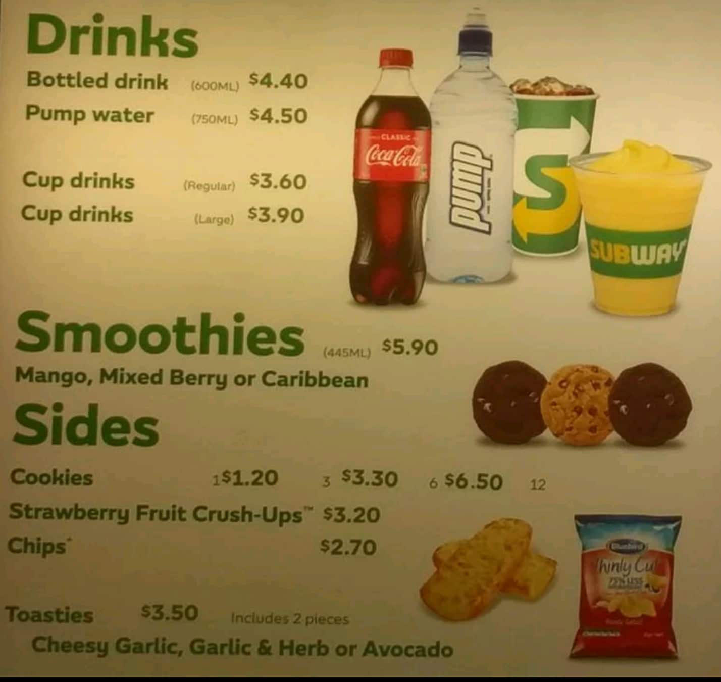 Menu at Subway restaurant, Auckland, b5/220 Lincoln Rd