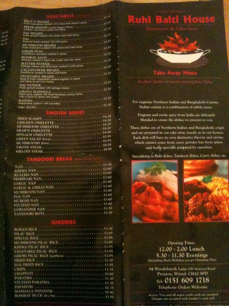 Menu at Ruhi Balti House restaurant, Birkenhead