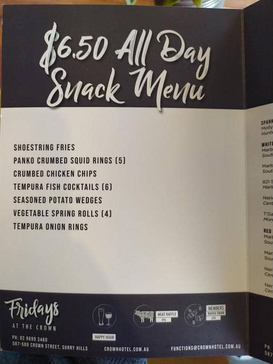 Menu at Crown Hotel pub & bar, Surry Hills, 587/589 Crown St