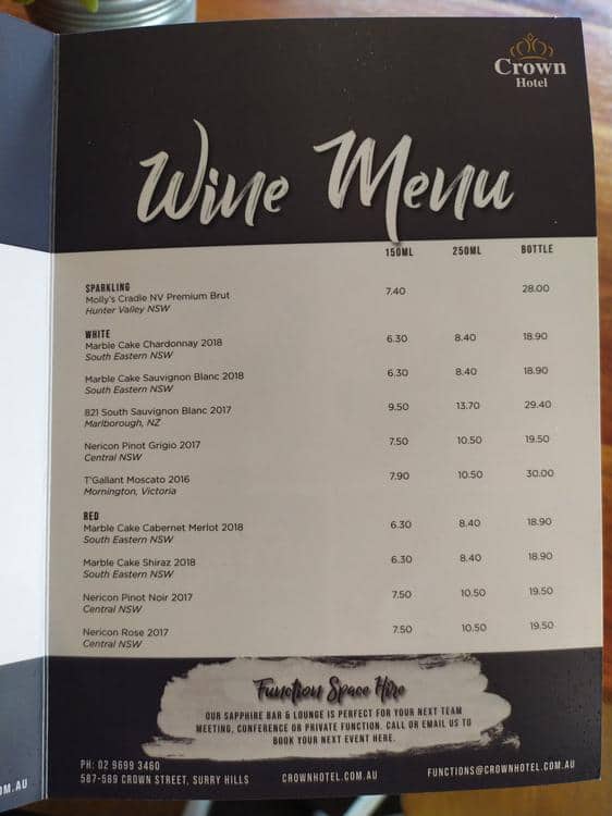 Menu at Crown Hotel pub & bar, Surry Hills, 587/589 Crown St