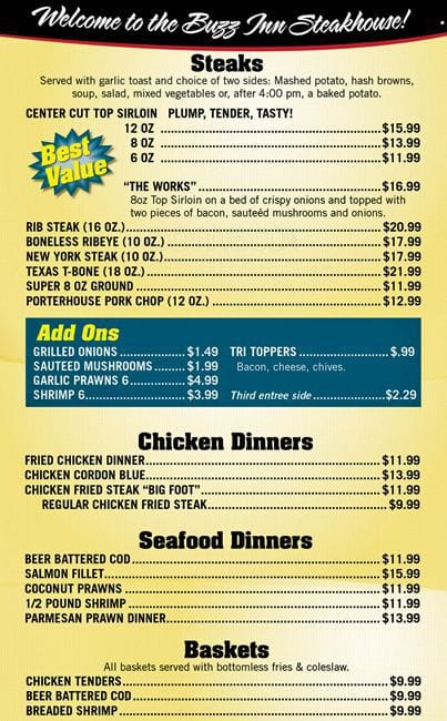 Menu at Buzz Inn Steakhouse, Everett, 19th Ave SE